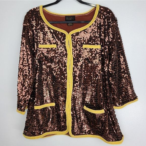 IMAN | Tops | Iman Womensbrown Sequined Yellow Trim Jacket X | Poshmark